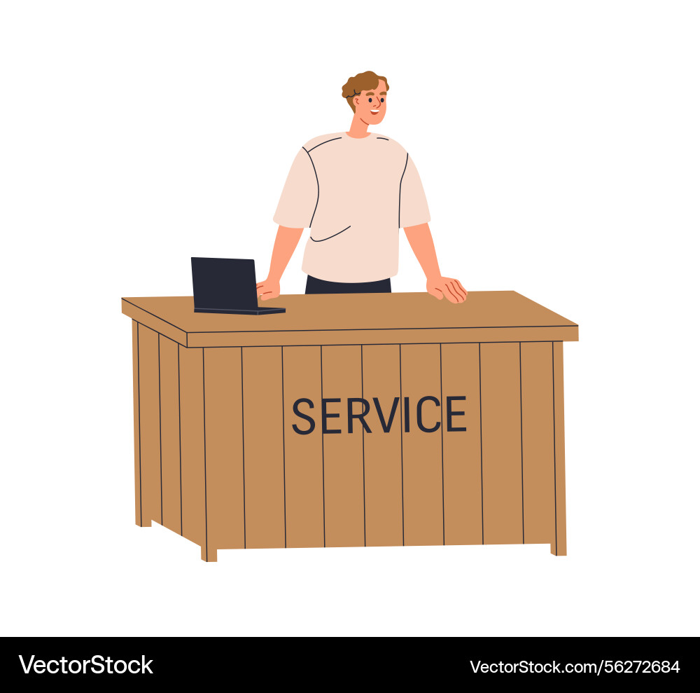 Smiling administrator standing behind service desk