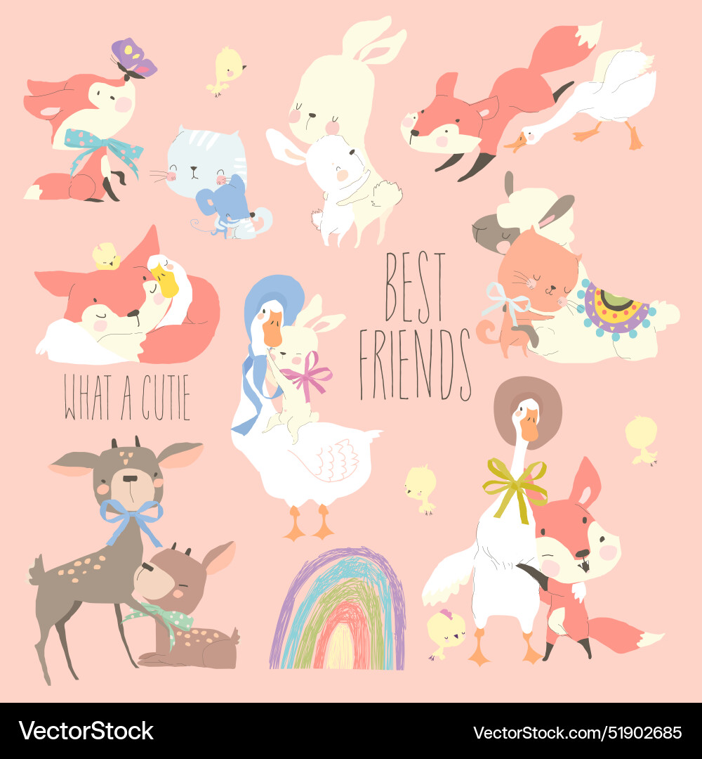 Cartoon set with cute animals hugging friends Vector Image