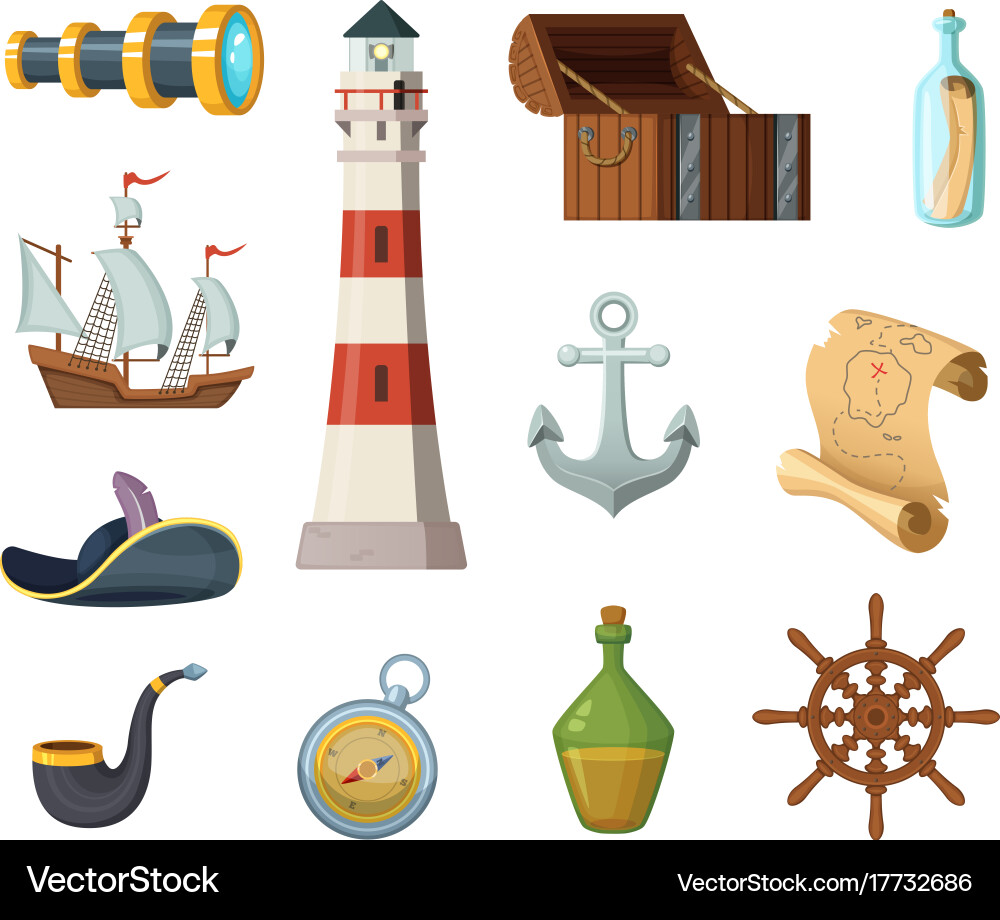 Marine objects chest compass treasure Royalty Free Vector