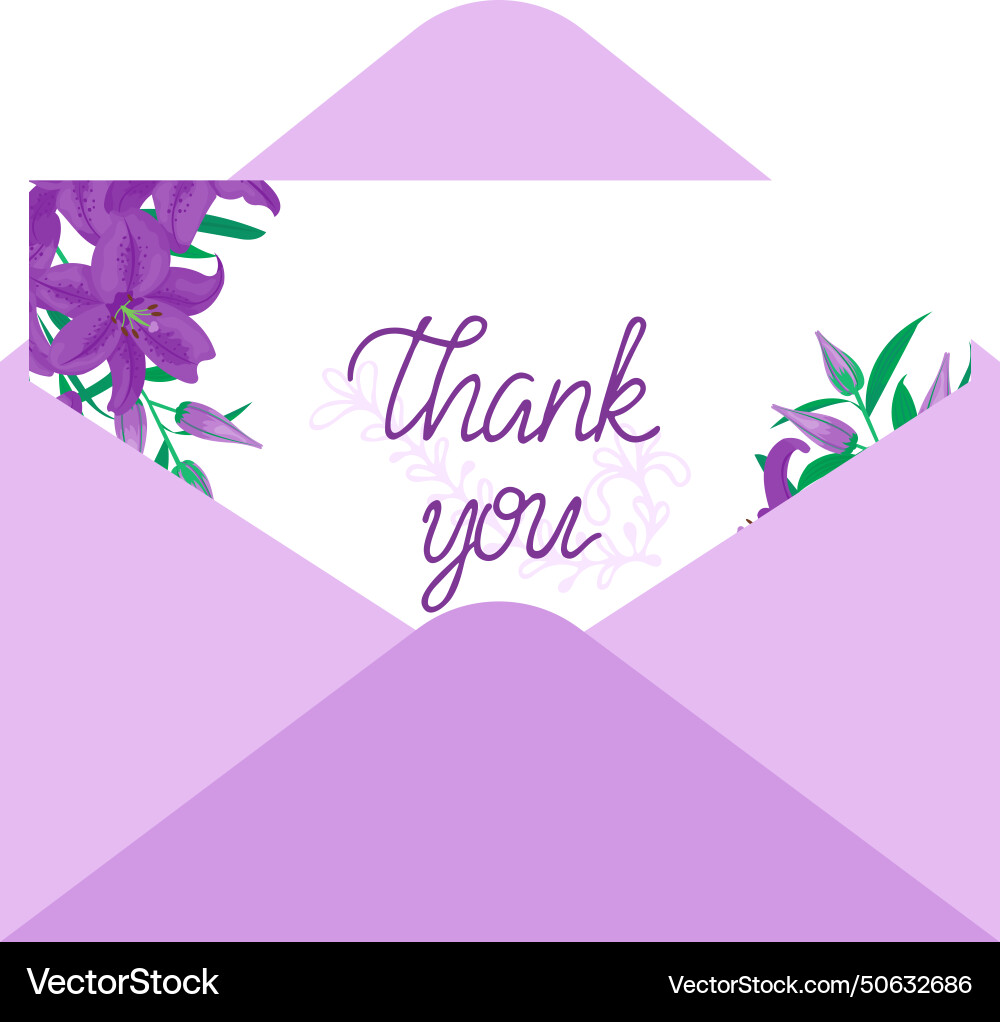 Purple envelope lilac flowers thank you note Vector Image