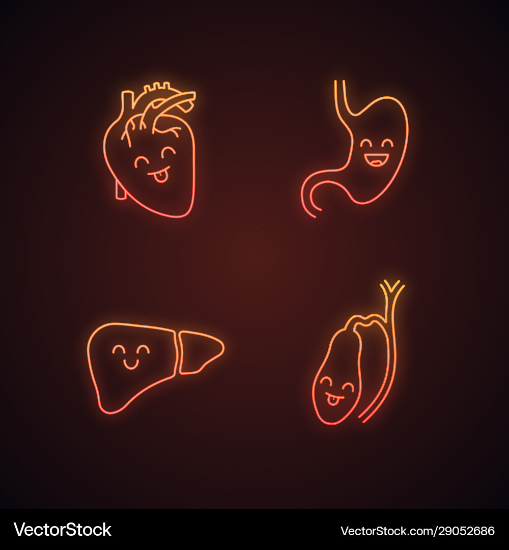 Lächelnde menschliche innere Organe Neon Licht Icons Set