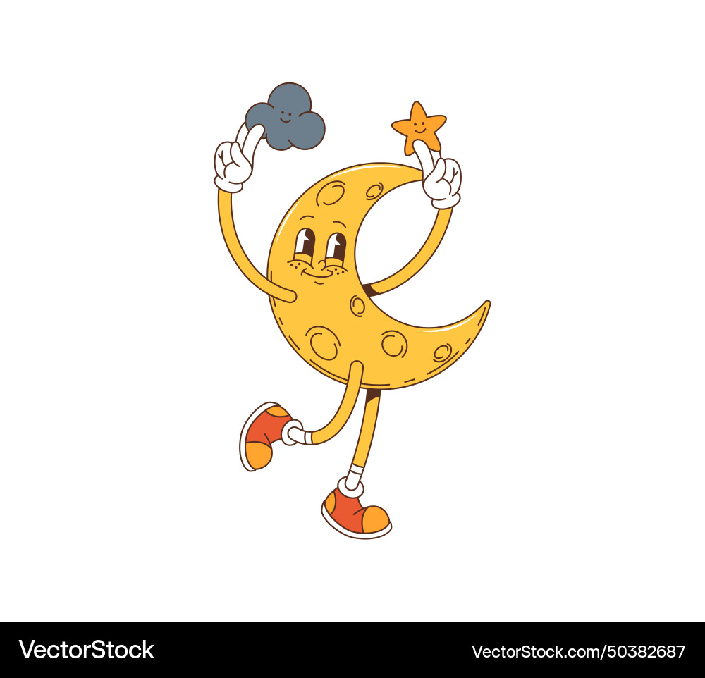 Cartoon retro groovy moon funky character dance Vector Image