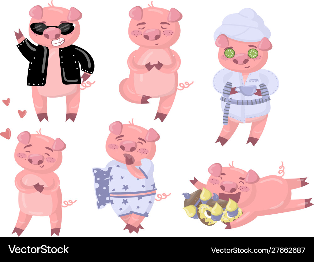 Cute humanized pink pig in different looks Vector Image