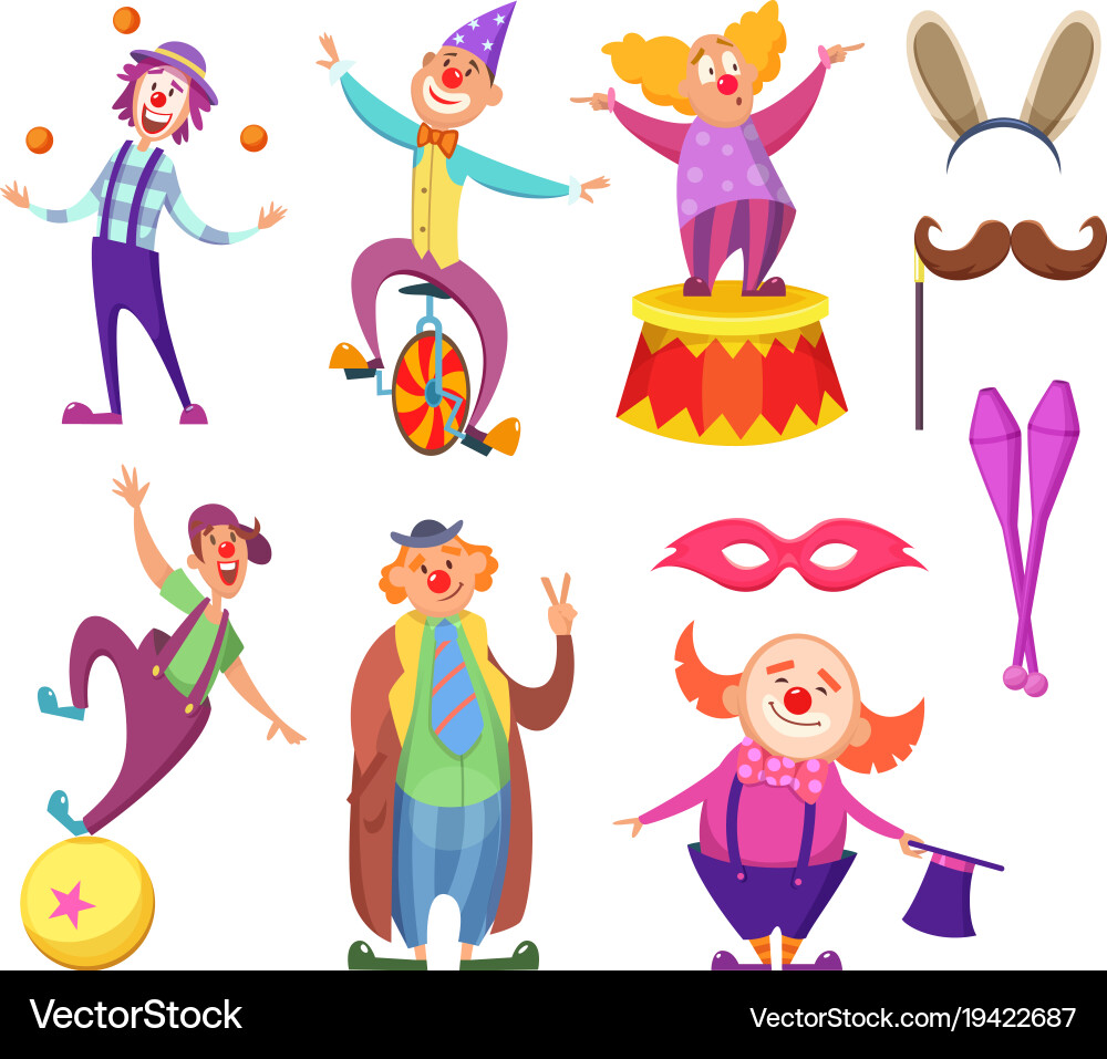Funny clowns characters and different circus Vector Image