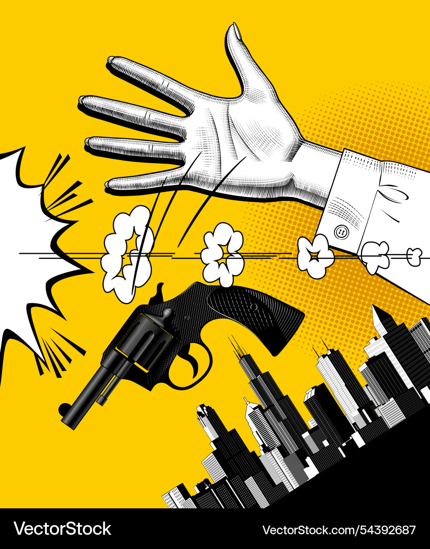 Hand drops a pistol and the sound effect Vector Image