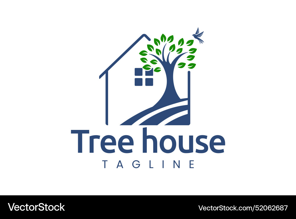 Tree house logo with green trees and birds Vector Image