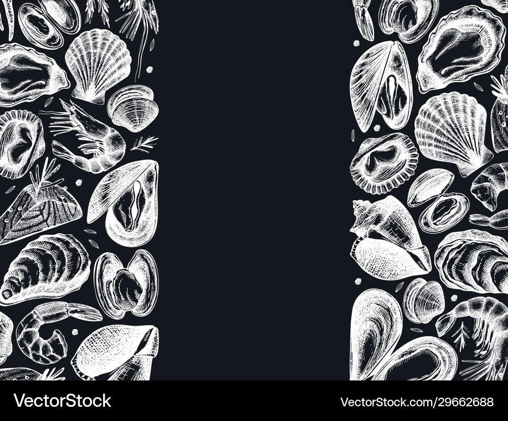 Hand drawn seafood frame design on chalk board Vector Image