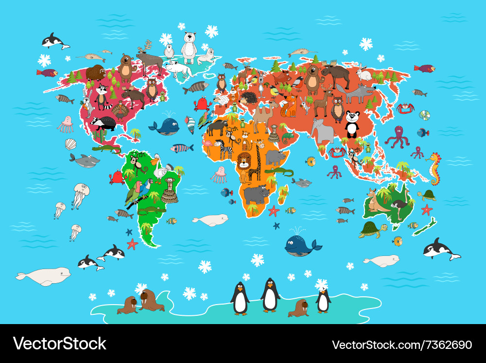 World map with animals Royalty Free Vector Image