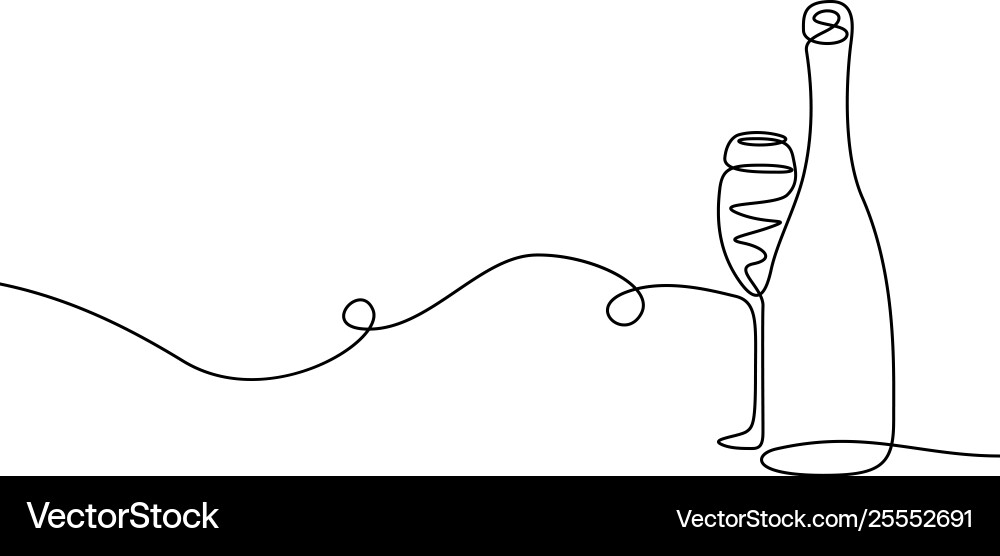 Continuous one line drawing champagne with a glass