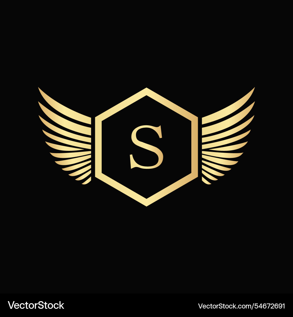 Hexagonal golden logo with wings Royalty Free Vector Image