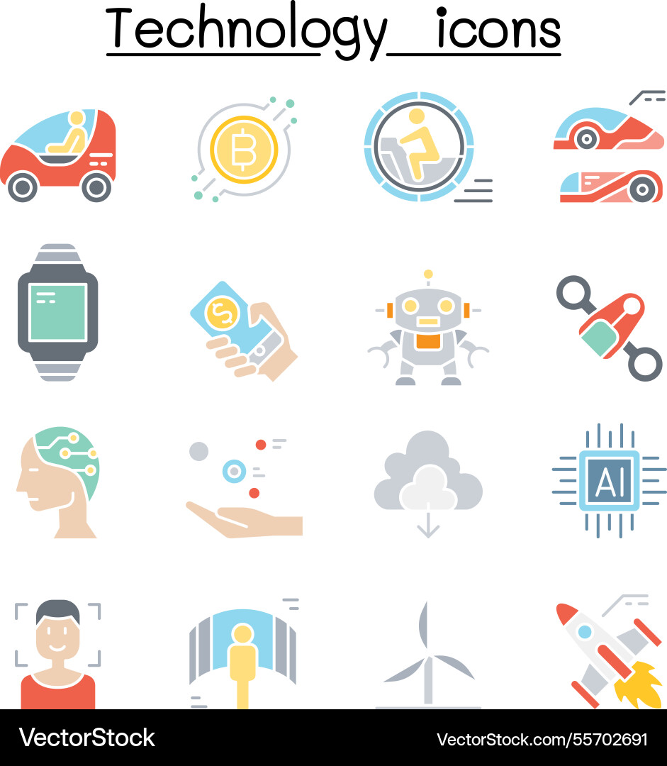 Technology icon set in flat color style Royalty Free Vector