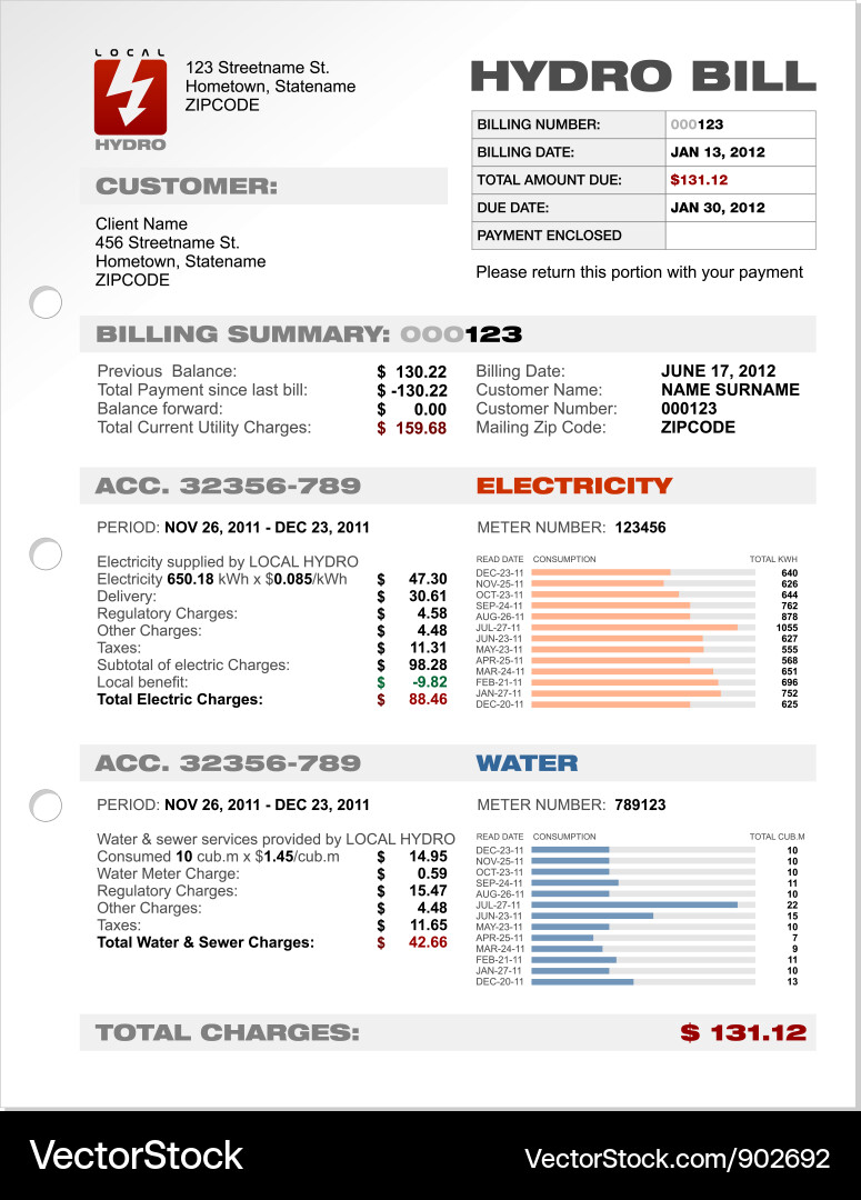 Hydro electricity bill blank Royalty Free Vector Image
