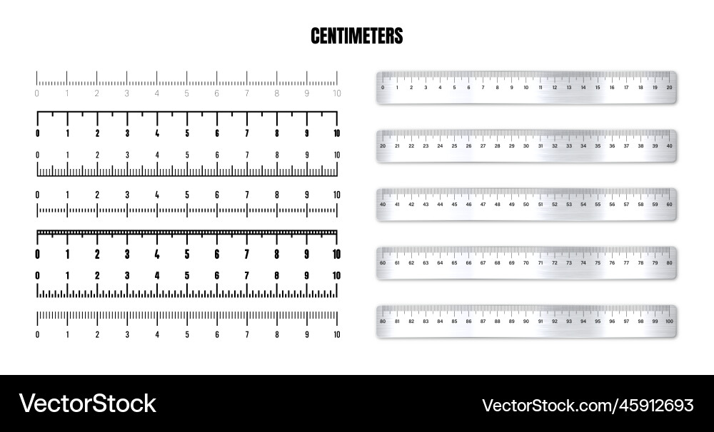 Realistic metal rulers with black centimeter scale