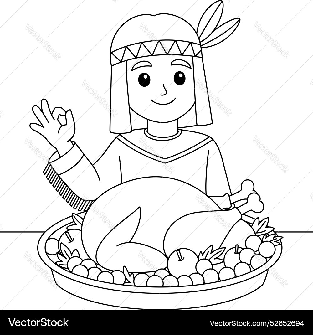 Native american with thanksgiving feast table Vector Image