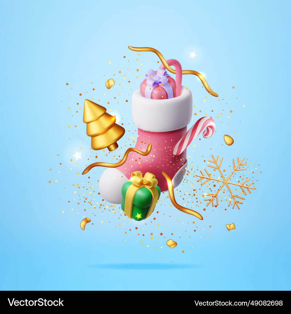 3D Christmas Stocking with Festive Elements Vector Image
