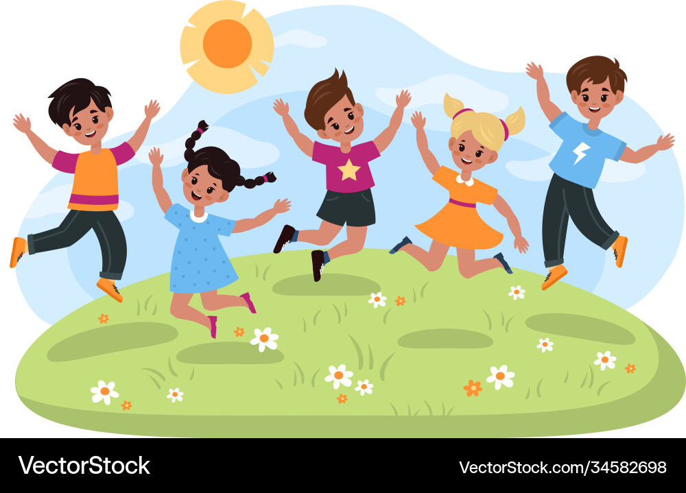 Happy jumping kids joyful school cute children Vector Image