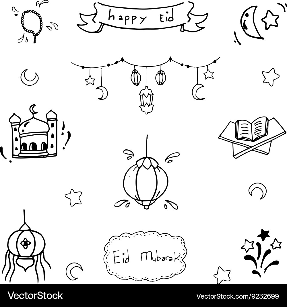 Doodle art happy eid Royalty Free Vector Image