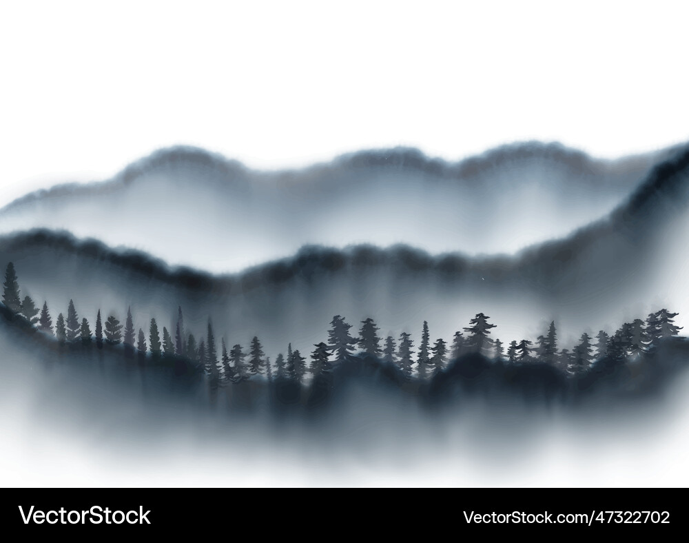 Hand painted japanese style mountain and tree Vector Image