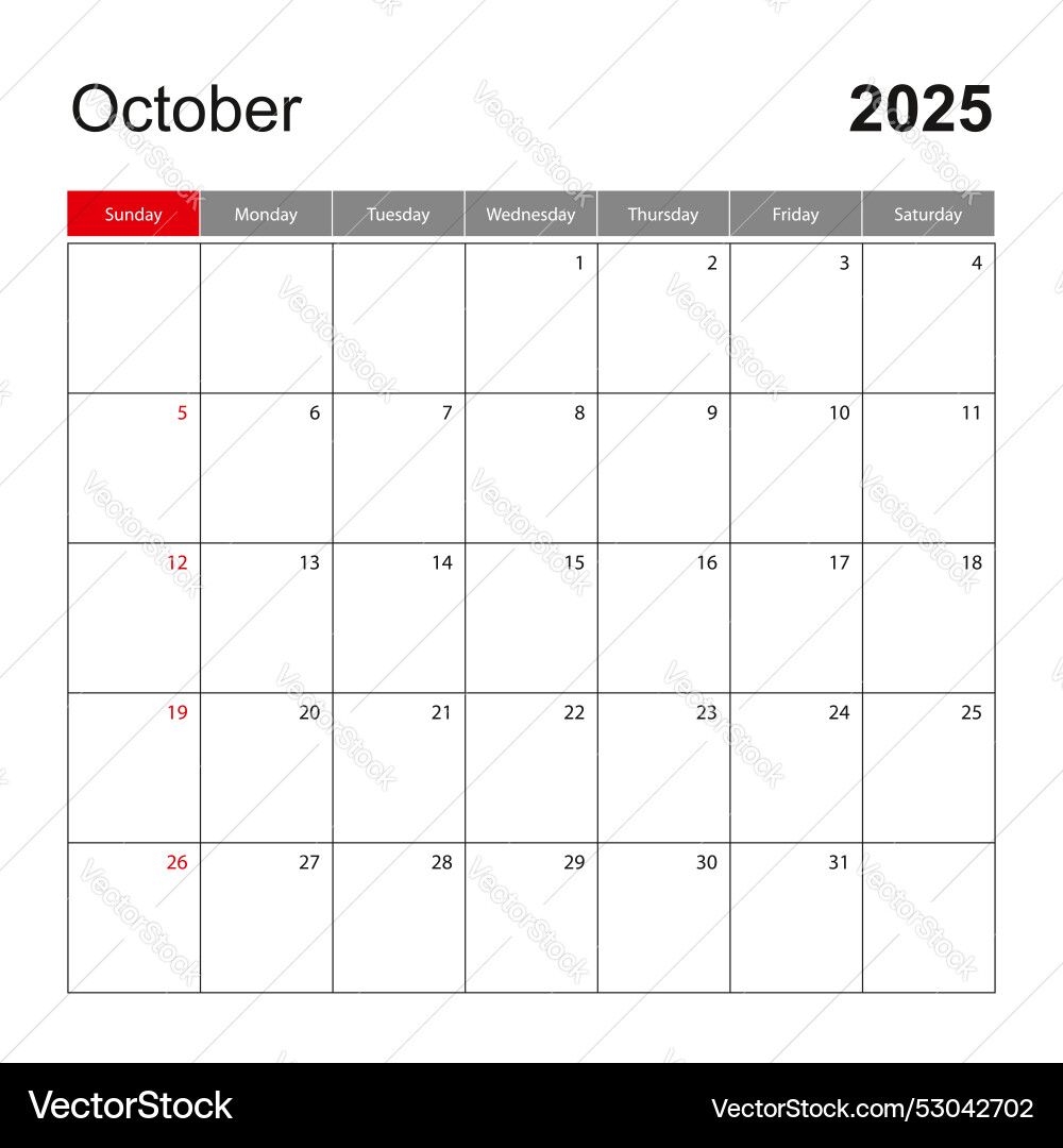 Wandkalender Vorlage für Oktober 2025 Urlaub Vektorbild