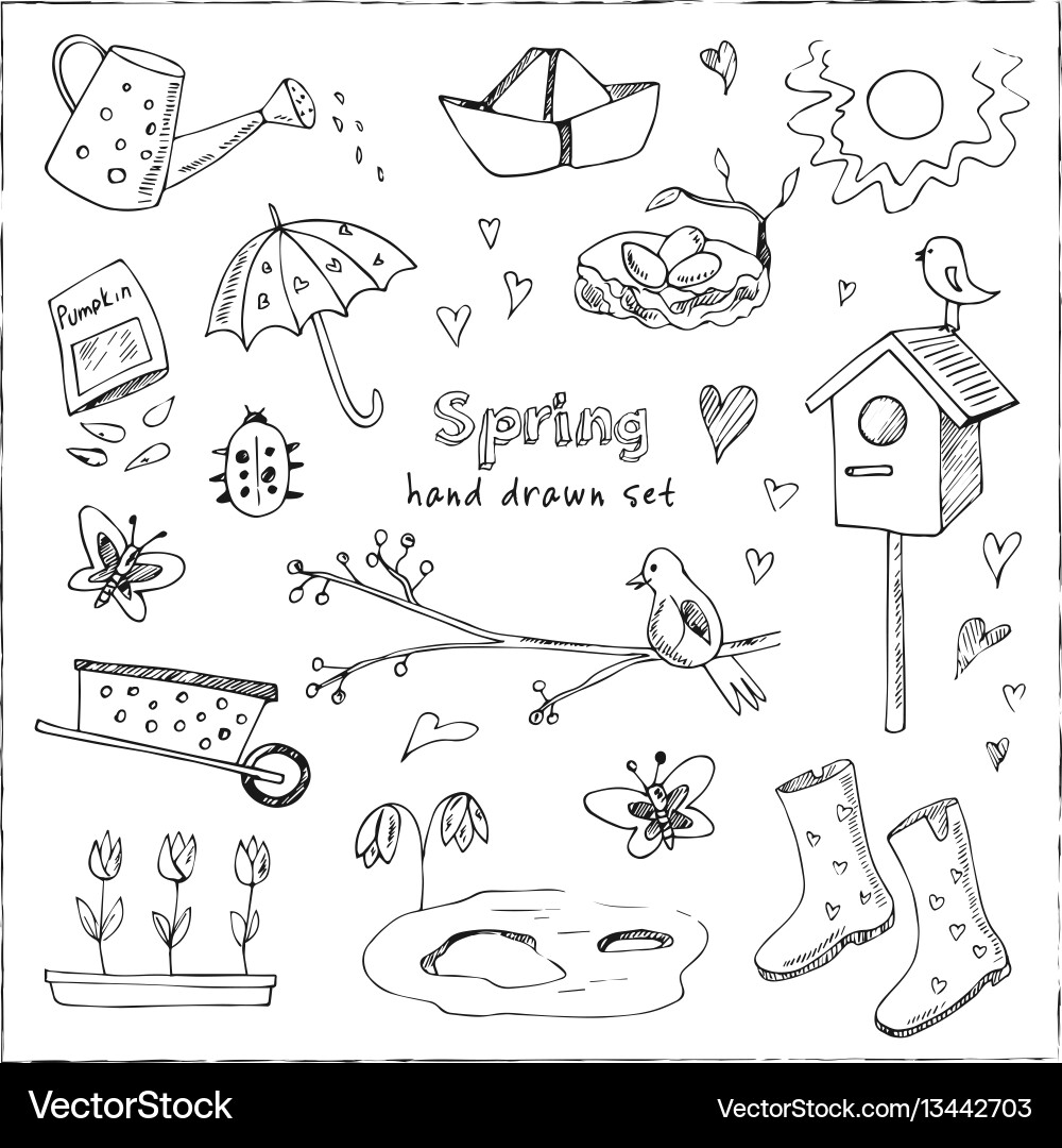 Spring doodles set hand drawn flowers cats Vector Image