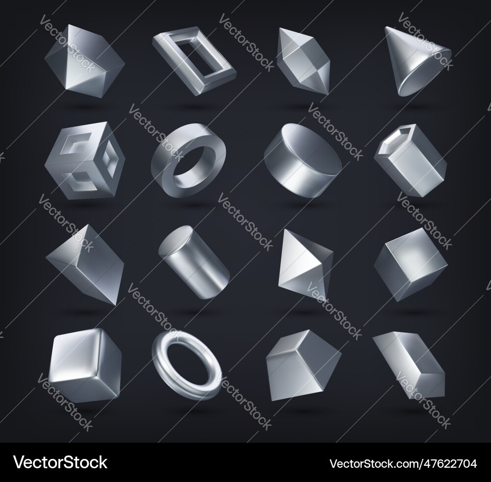 Realistic 3d silver math geometric shapes set Vector Image