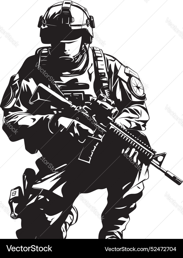 Strategic defender soldier with gun black icon Vector Image