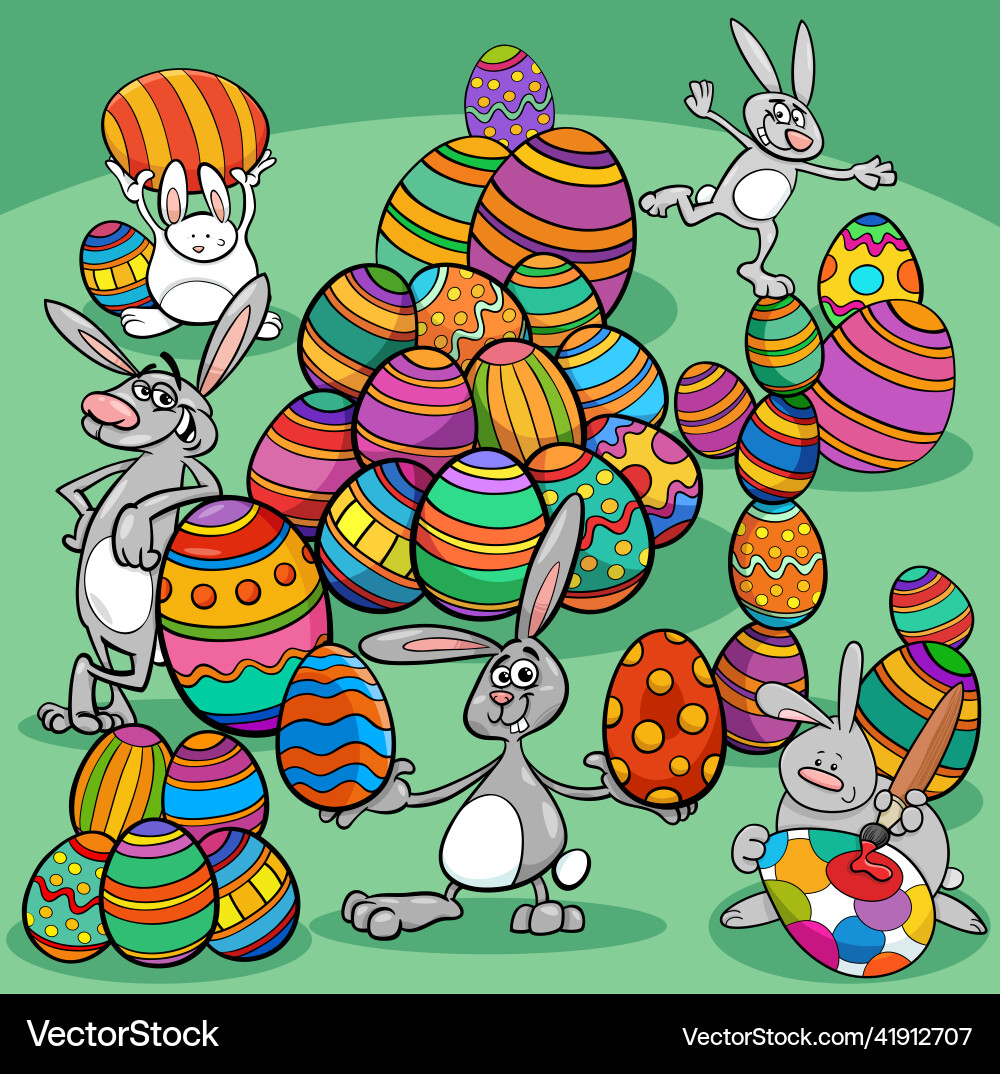 Cartoon easter bunnies with eggs Royalty Free Vector Image