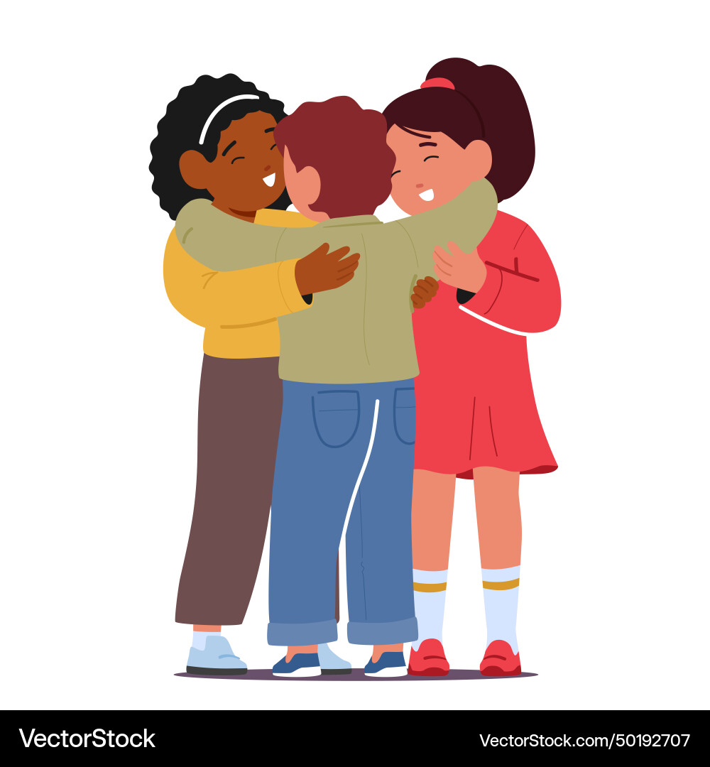 Three inseparable kids embrace in heartwarming hug