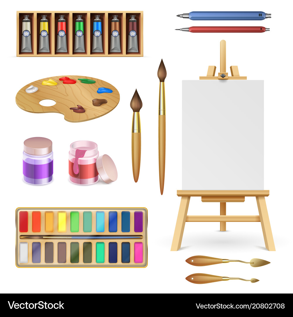 Artistic tools and art supplies with easel Vector Image