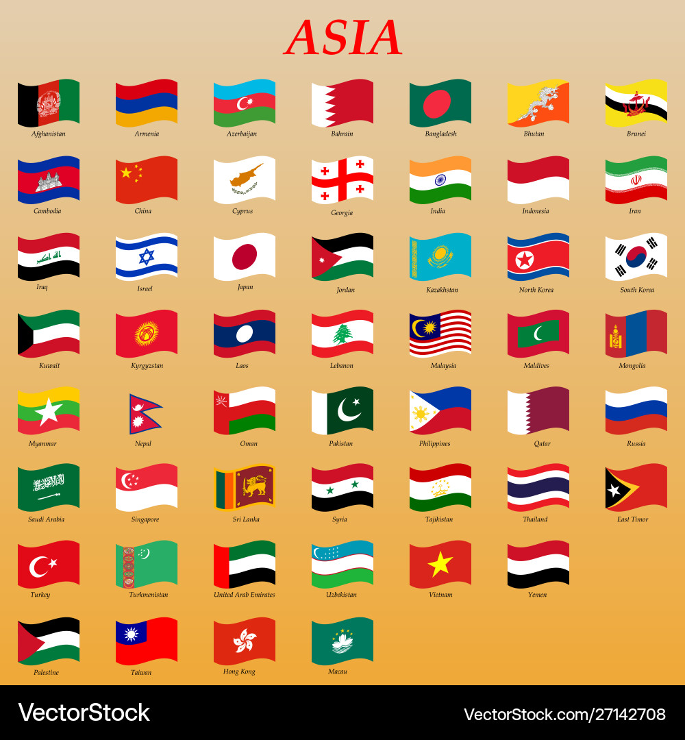 Set waving flags asia Royalty Free Vector Image