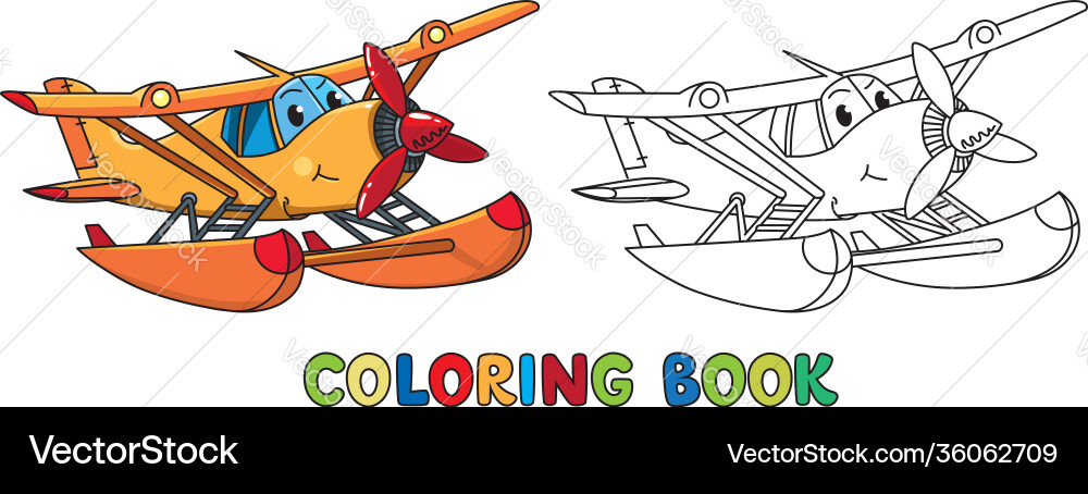 Funny hydroplane with eyes airplane coloring book Vector Image