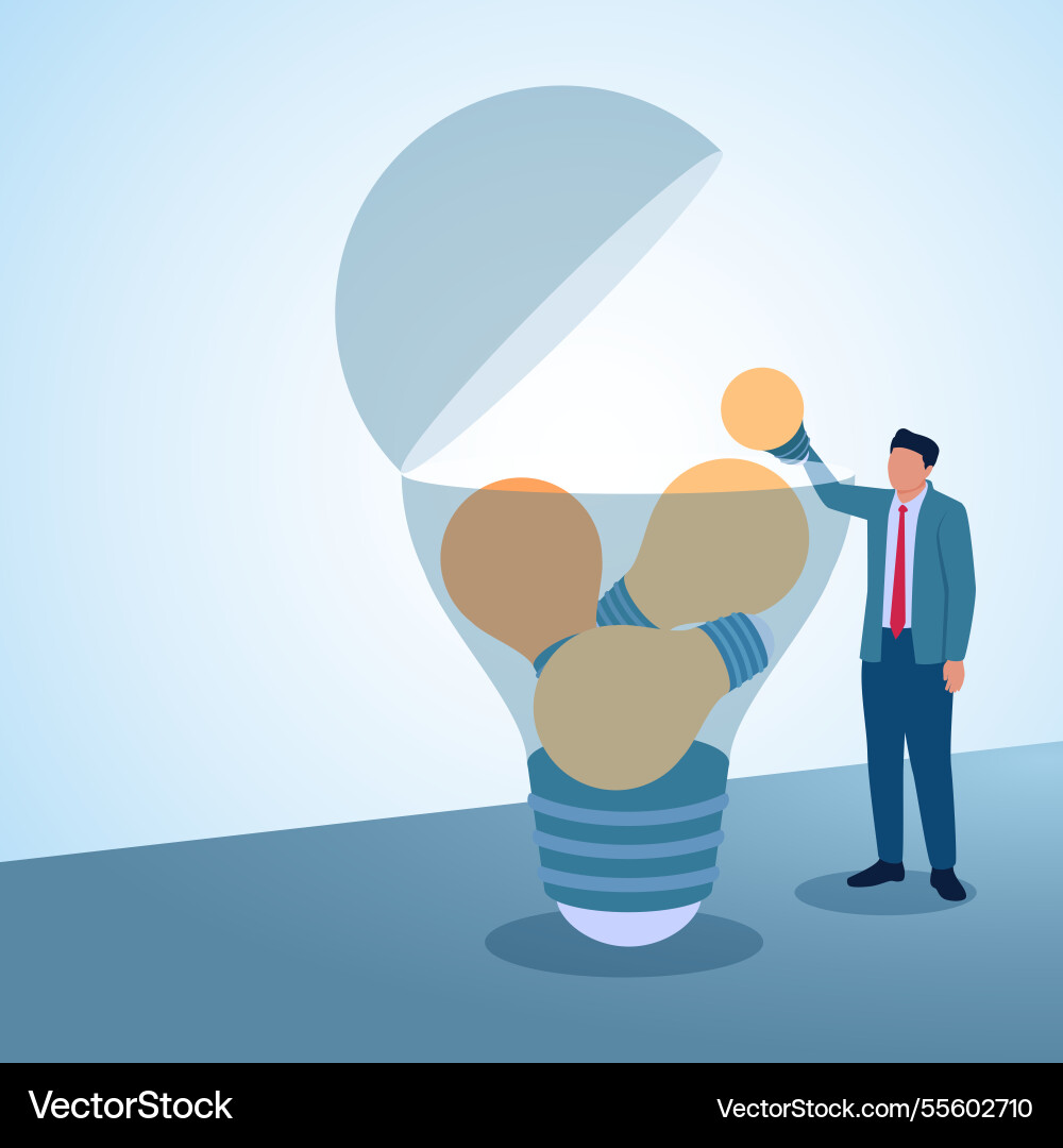 A man inserts an idea light into large lamp Vector Image