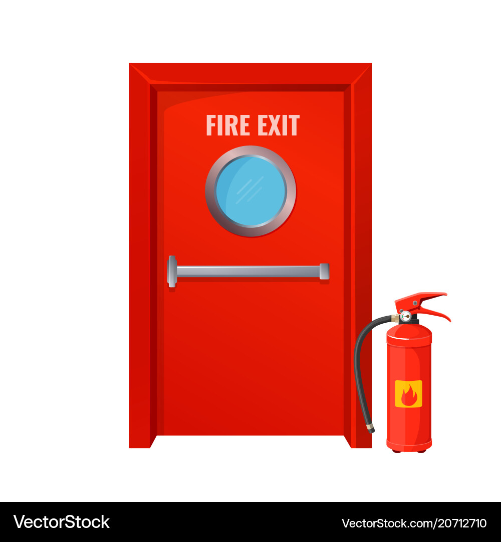 Red fire exit with round circle and extinguisher Vector Image