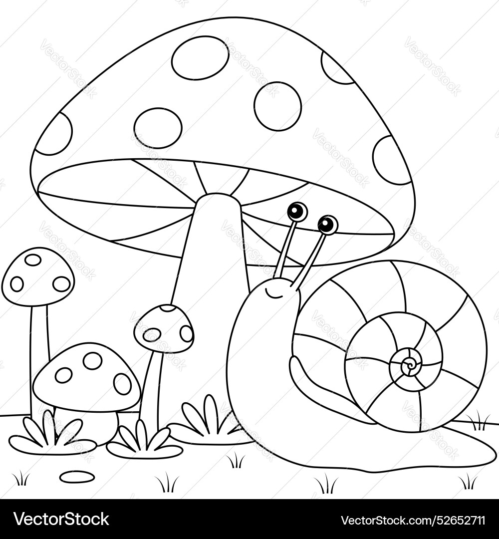 Cute Spring Snail and Mushroom Coloring Page Vector Image