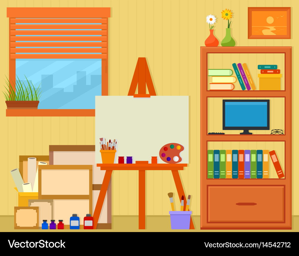 Home art studio with easel and painting tools Vector Image