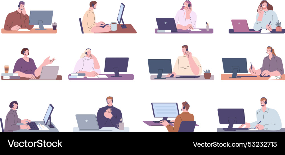 Call center worker characters people talk Vector Image