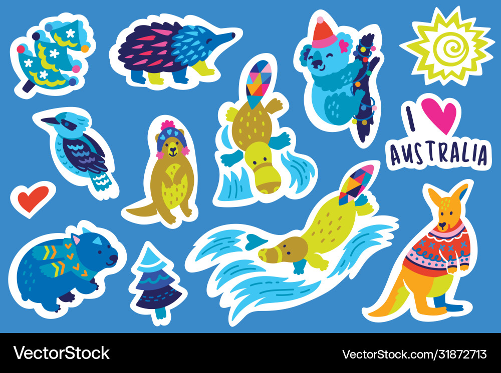 Christmas australian animal sticker set Royalty Free Vector