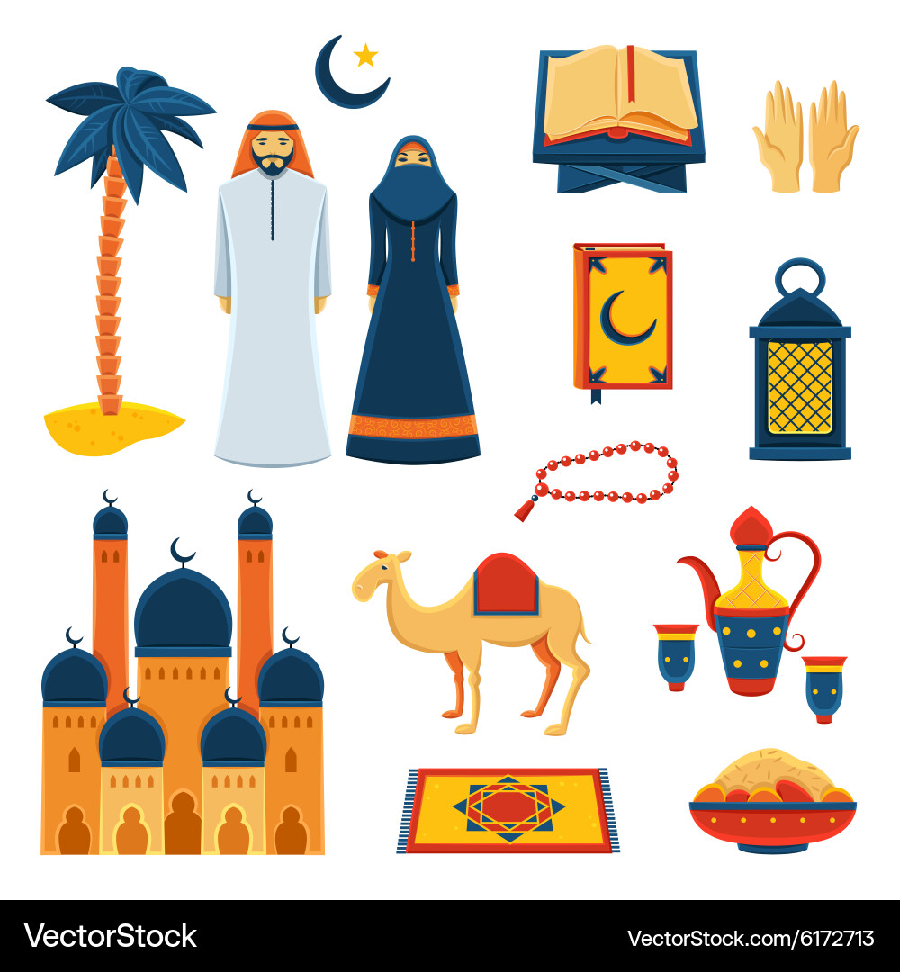 Islam religion flat icons set Royalty Free Vector Image
