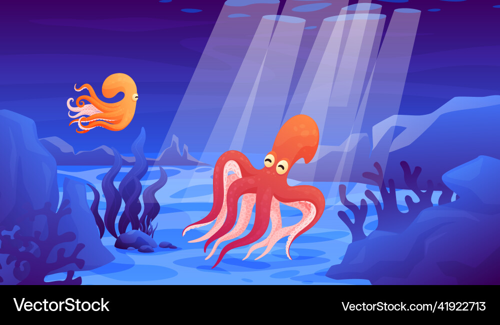 Octopus ocean floor flat floating sea Royalty Free Vector