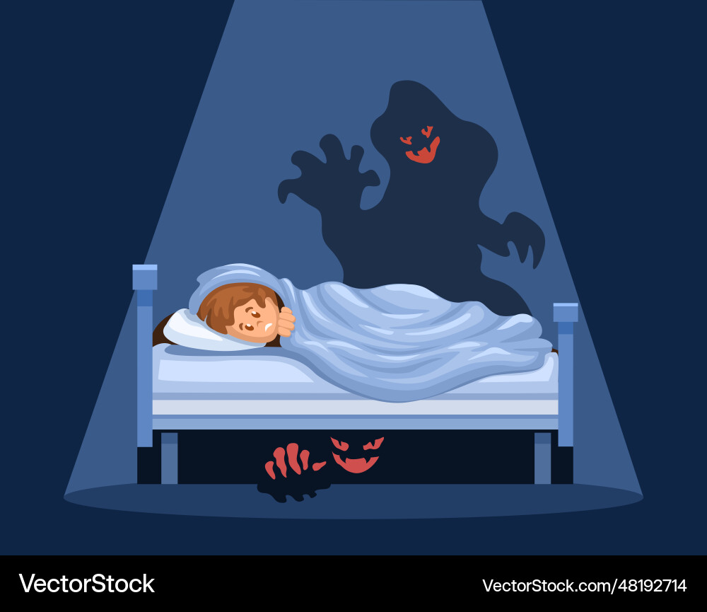 Kind Angst Monster unter Bett während Schlaf Szene Vektor Bild