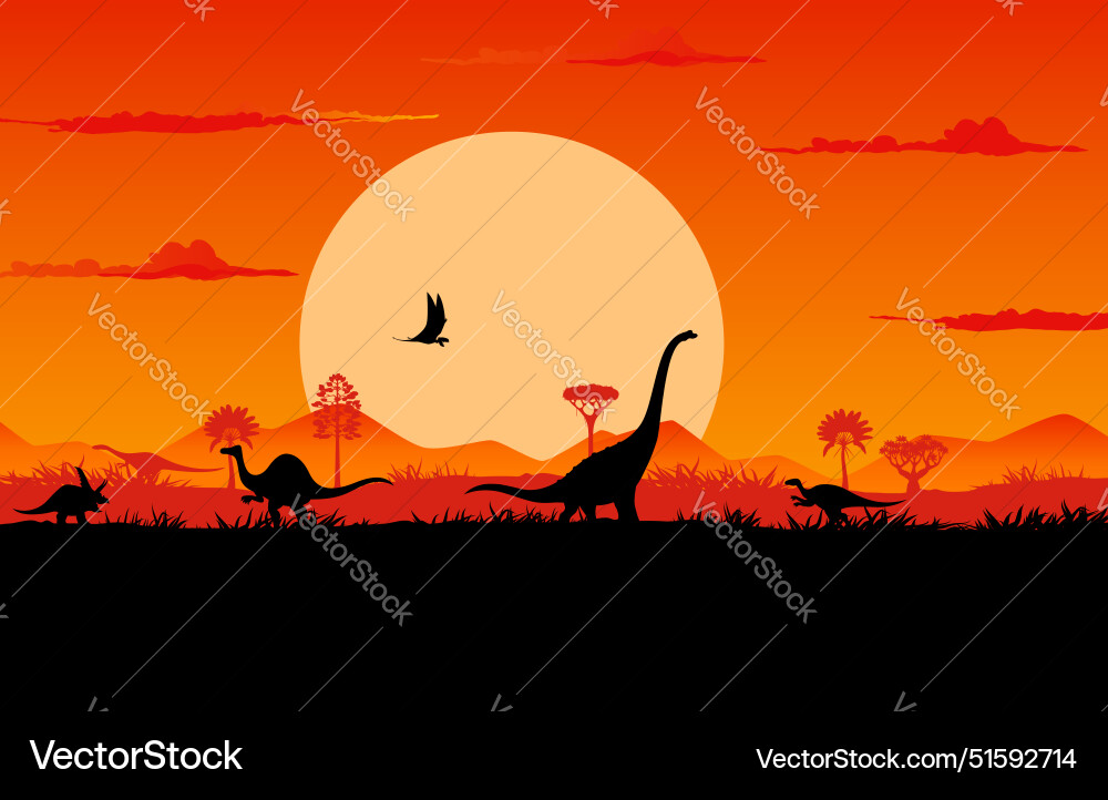 Dinosaurs silhouettes sunset prehistoric landscape