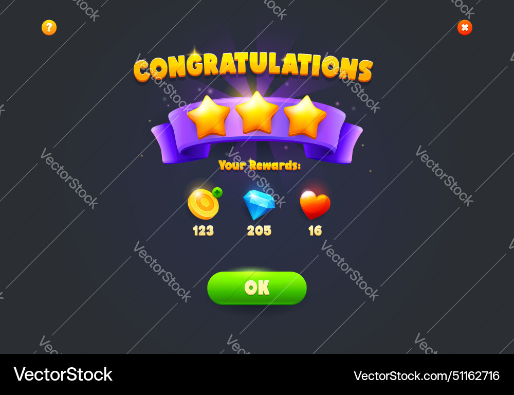 Game reward screen level completed congratulations