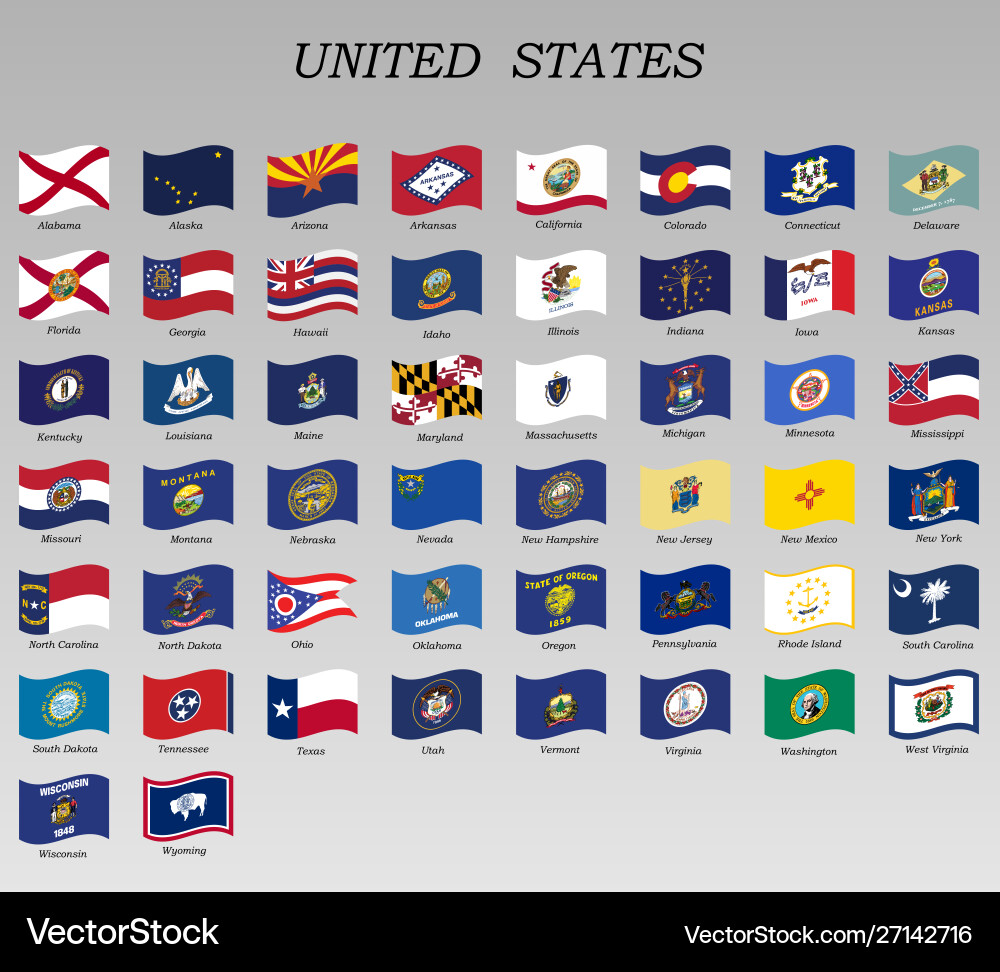 Set waving flags states usa Royalty Free Vector Image