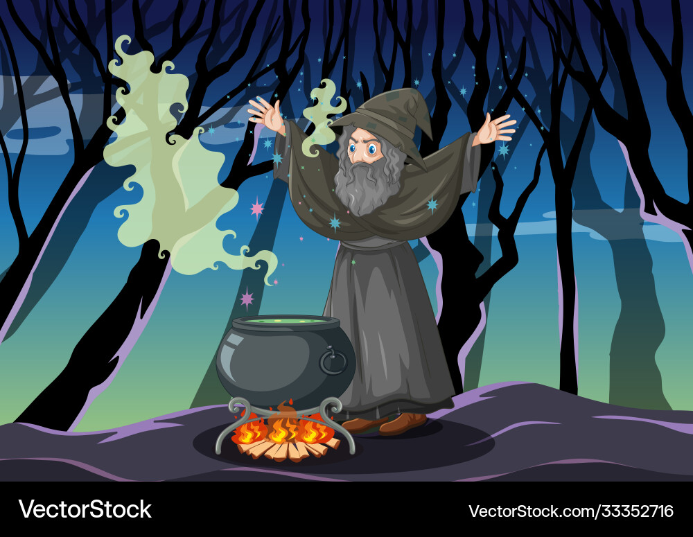Wizard with black magic pot cartoon style on dark Vector Image