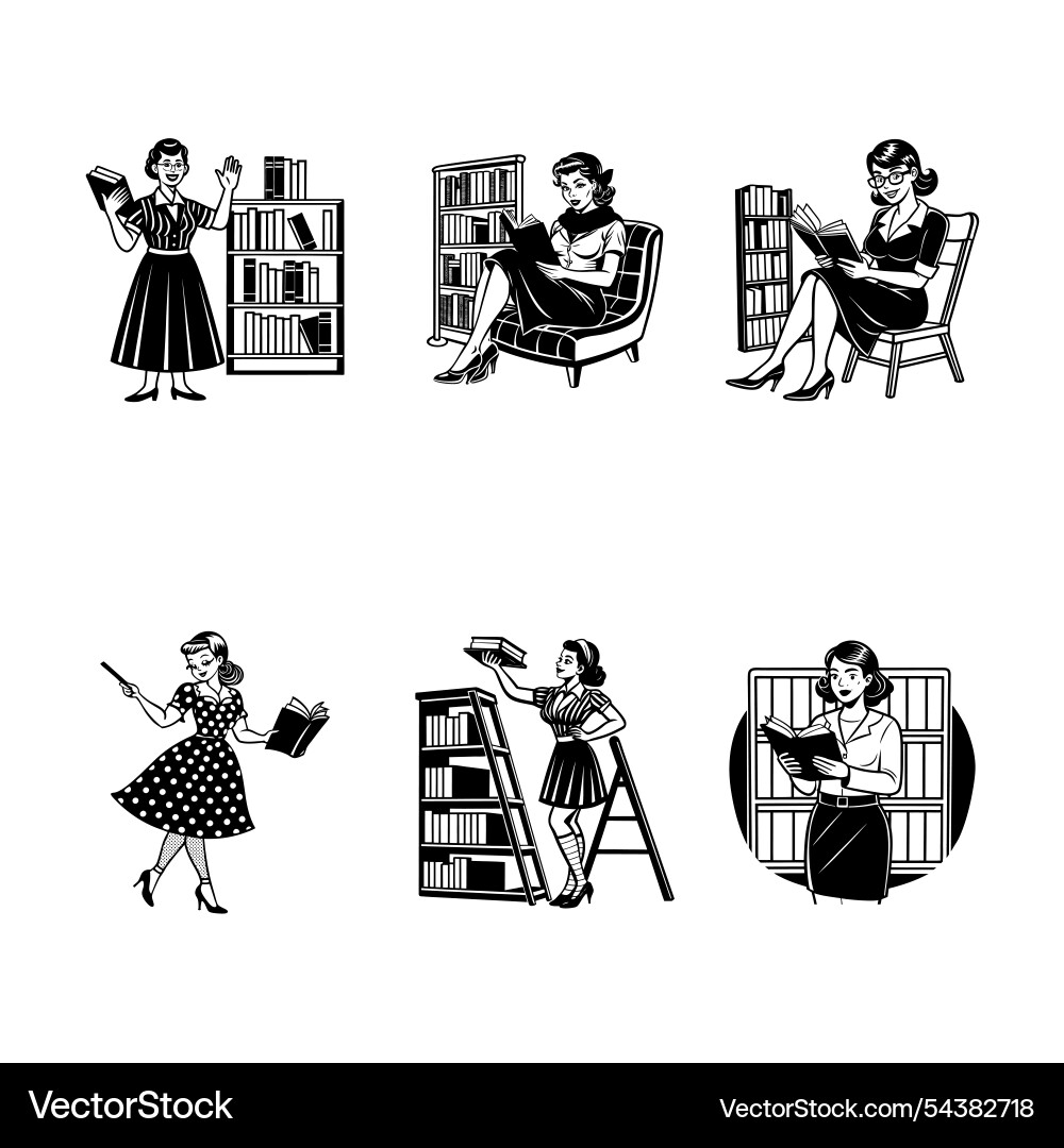 Pinup girl librarian reading book image Royalty Free Vector