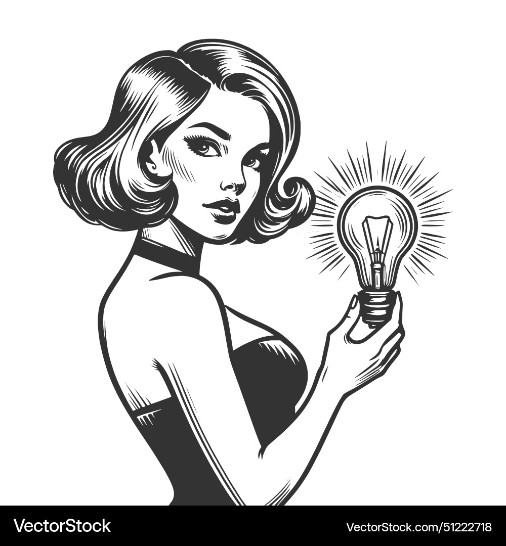 Woman holding a light bulb engraving sketch Vector Image