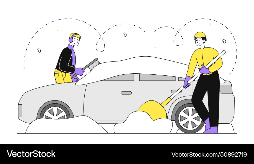 Man cleaning snow near automobile linear Vector Image