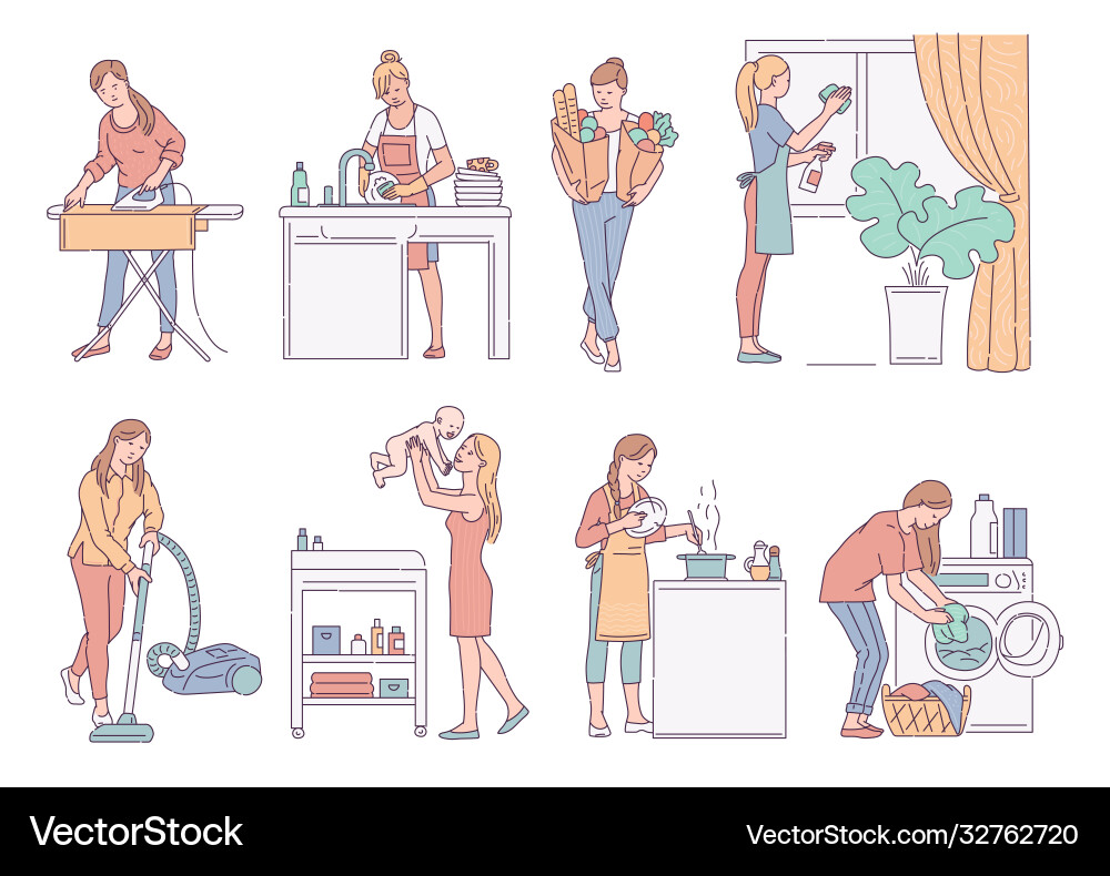 Housewife performs housework activity sketch Vector Image