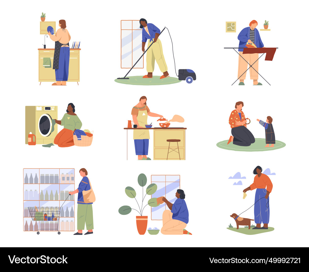 Woman day routine housekeeping and house work Vector Image