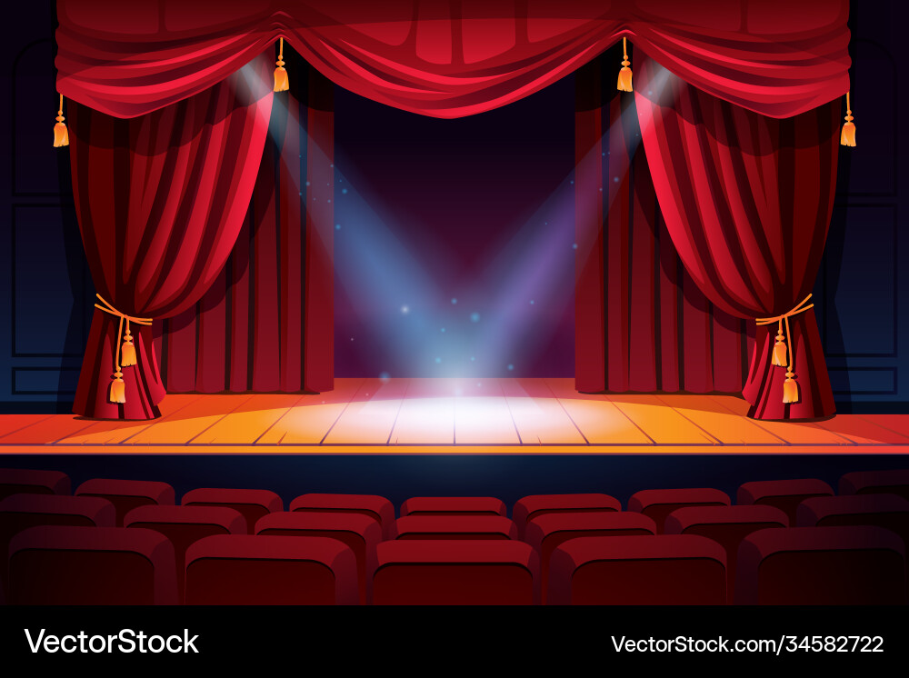 Theaterbühne mit Reihensitzen und Vorhänge Licht